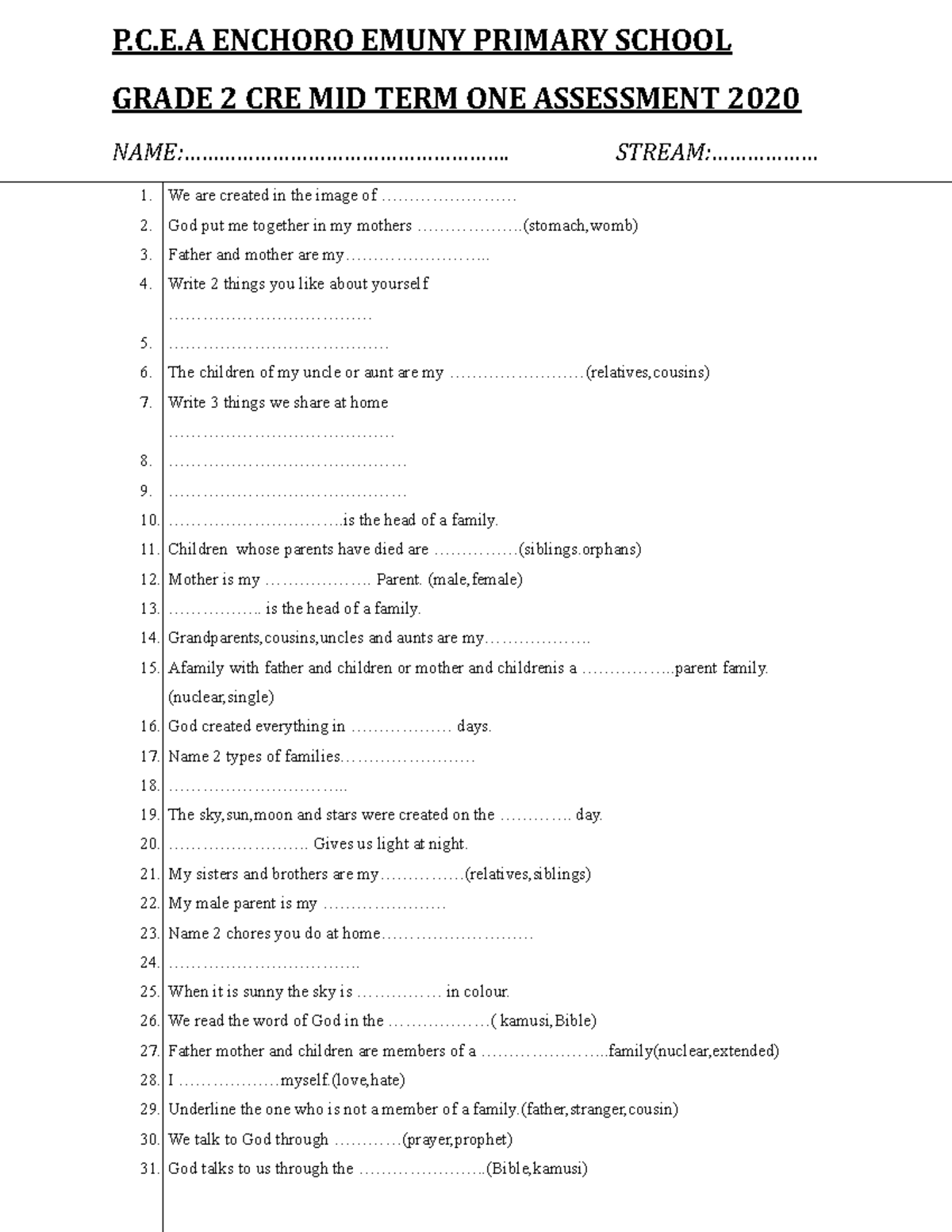 Grade TWO MID Assess 2020 caroline - P.C.E ENCHORO EMUNY PRIMARY SCHOOL ...