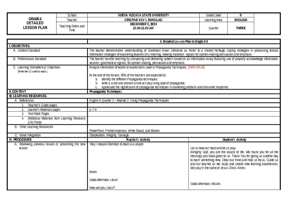 Detailed Lesson Plan for Grade 8 English: Propaganda Techniques (ENG 8 ...