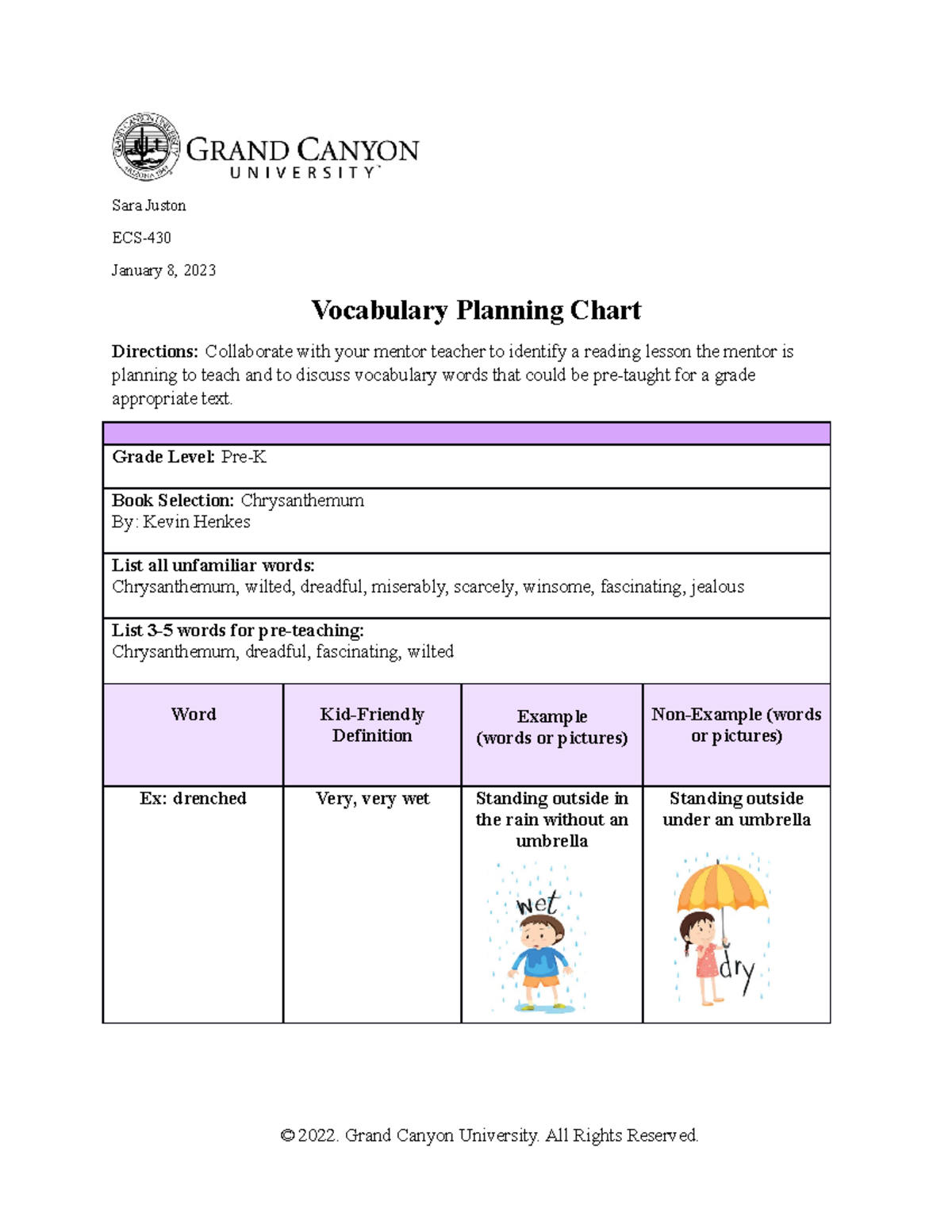 Vocabulary Planning Chart for Chrysanthemum Reading Lesson - Studocu