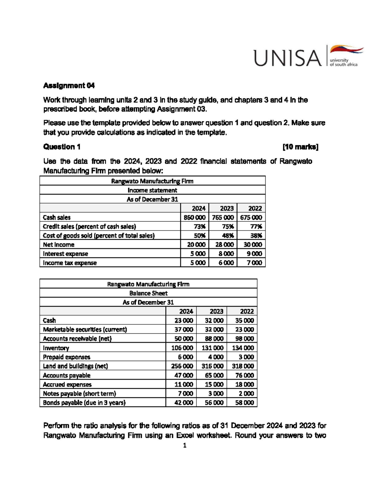 UNISA ACC 2024 Assignment 04: Financial Ratio Analysis for Rangwato ...