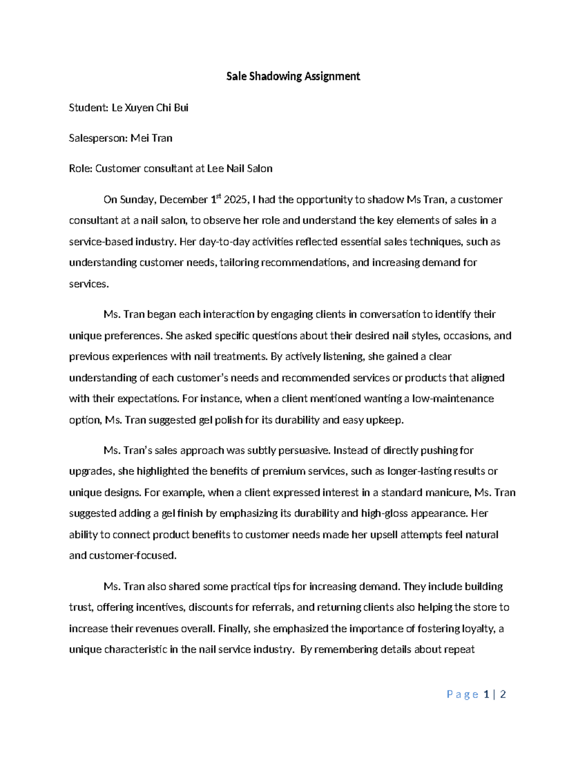 Sales Shadowing Assignment: Insights from Lee Nail Salon - Studocu
