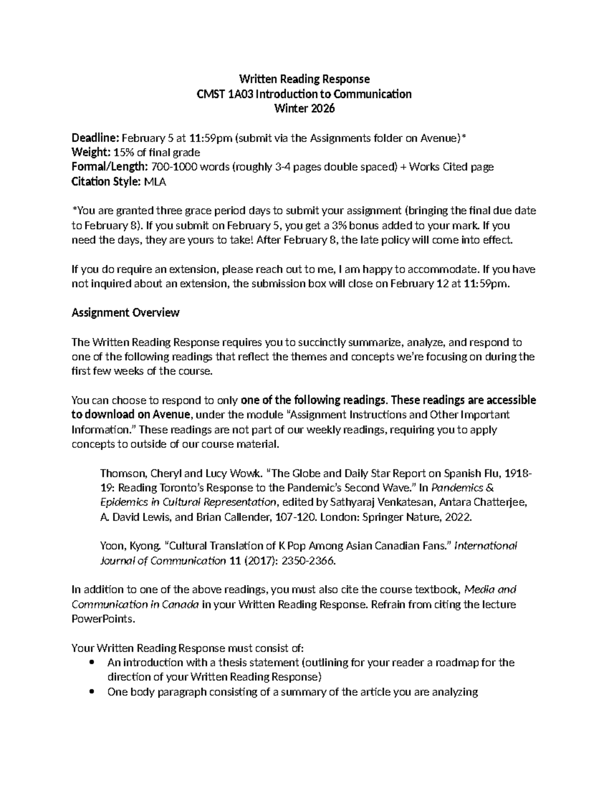 CMST 1A03 Winter 2026 Written Reading Response Guidelines - Studocu