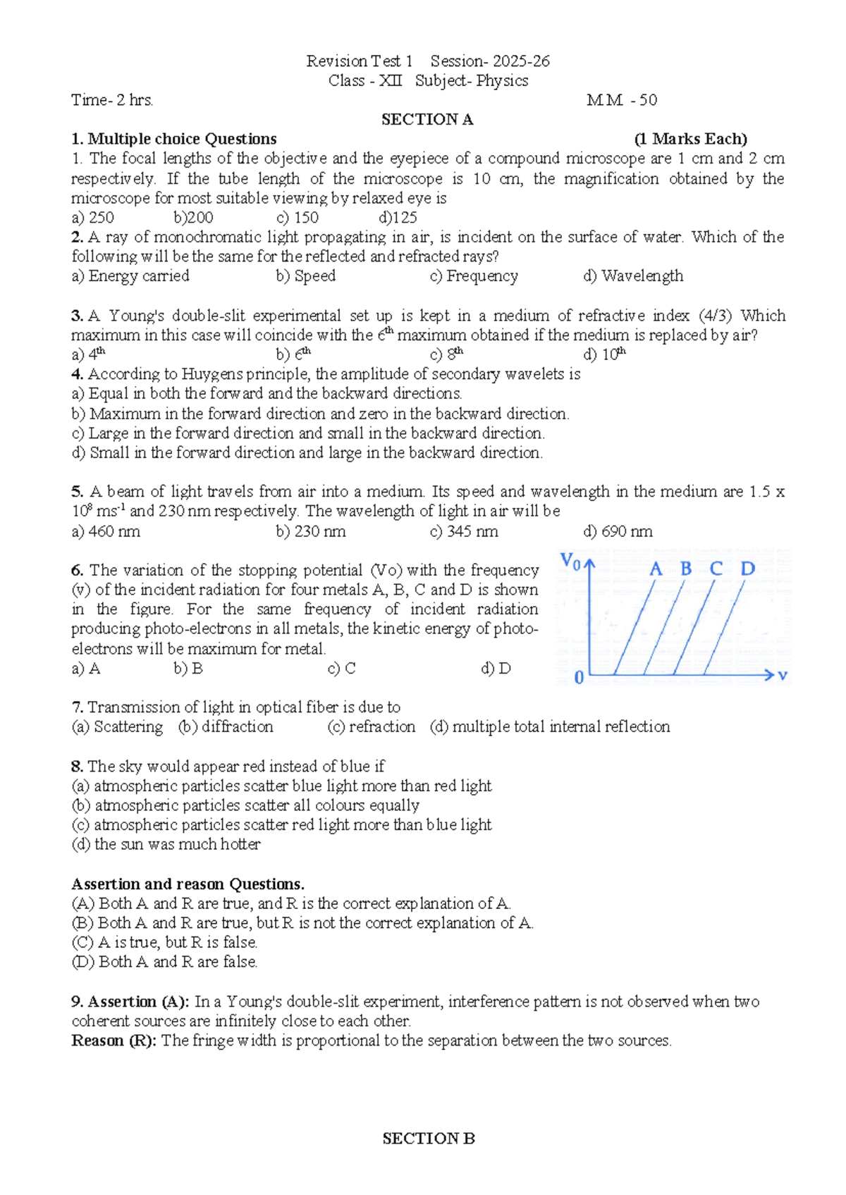 Class XII Physics Revision Test 1 - M.M. 50 - Studocu