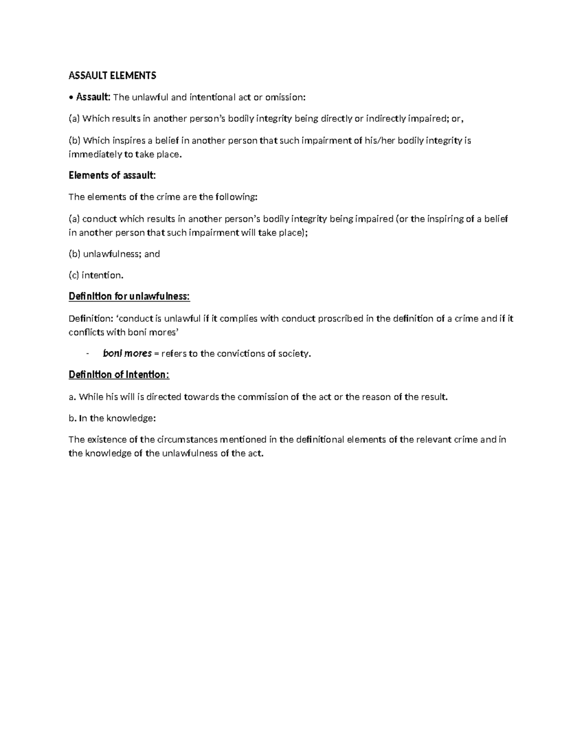 Criminal Law: Assault Elements Overview and Key Definitions - Studocu