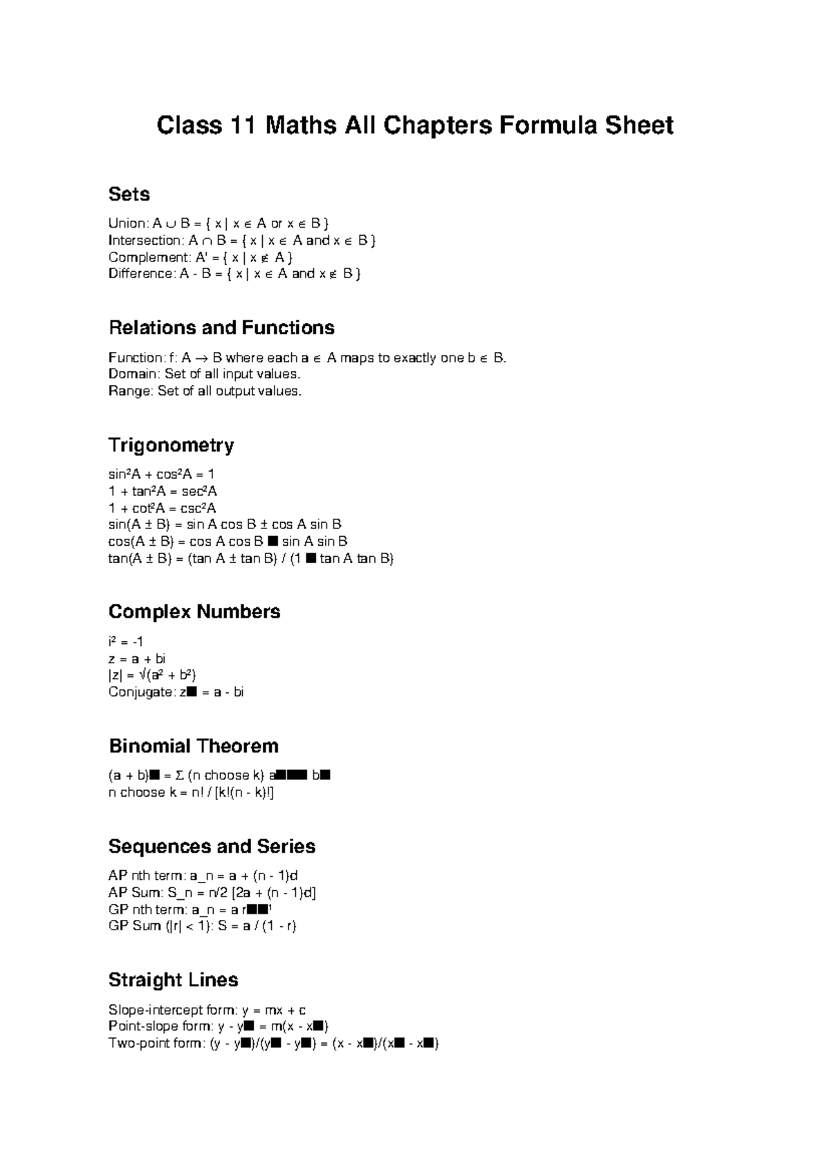 Class 11 Maths Formula Sheet: All Chapters Overview - Studocu