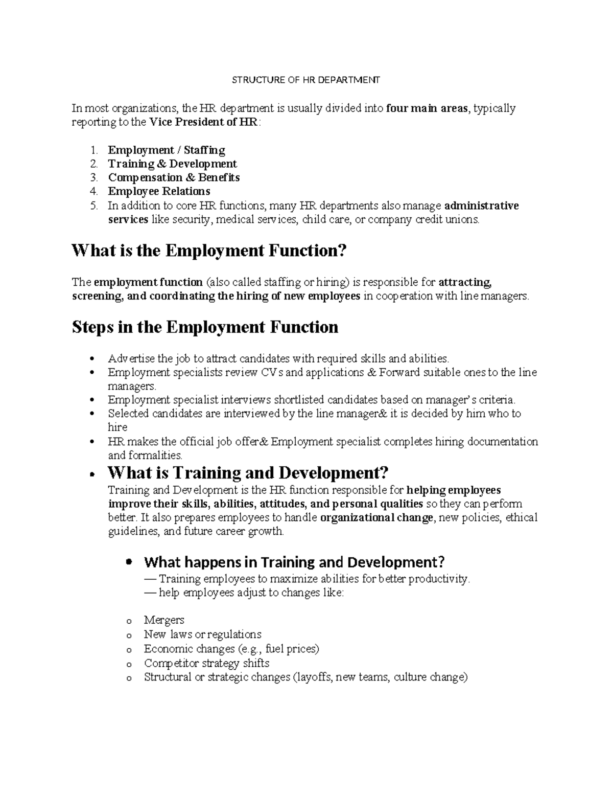 Structure of HR Department: Key Functions and Roles - Studocu
