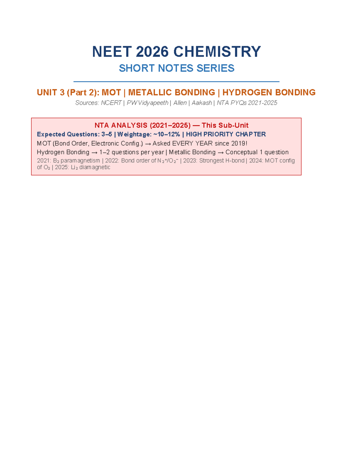 NEET 2026 Chemistry Short Notes: MOT, Metallic & Hydrogen Bonding - Studocu