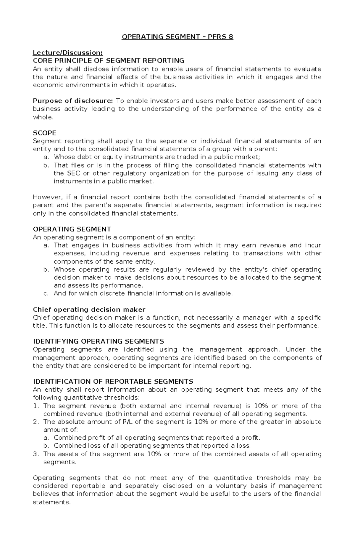 H31 - Operating Segment PFRS 8: Core Principles & Reporting Guidelines - Studocu