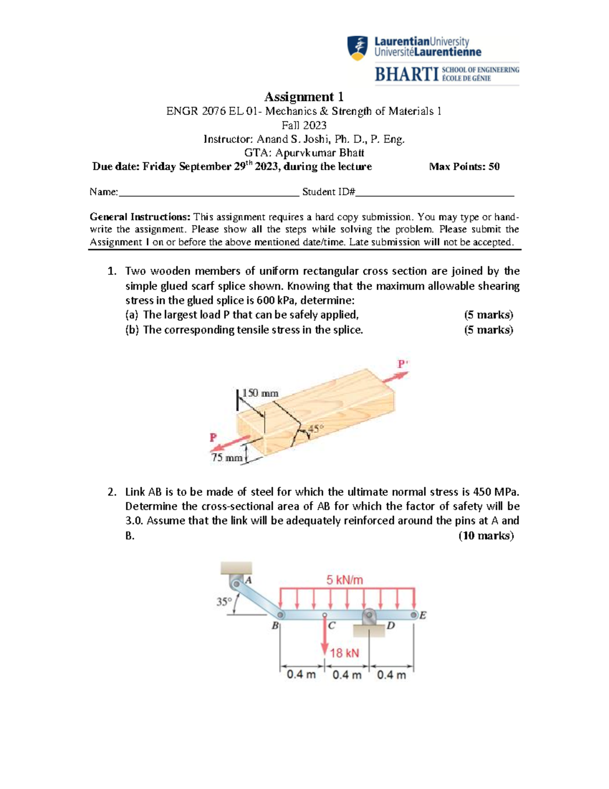 Assignment 1 - ENGR 2076 EL - Mechanics & Strength of Materials 1 F23 ...