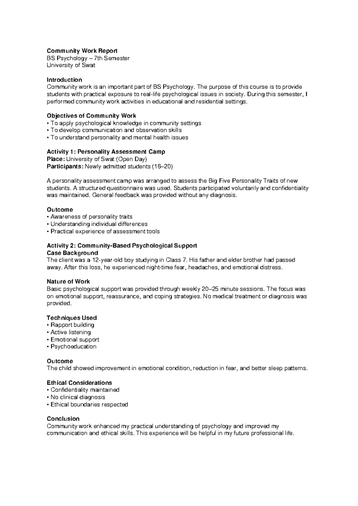 Community Work Report: BS Psychology 7th Sem at University of Swat ...