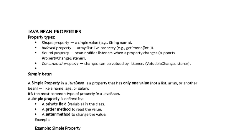 UNIT 4JAVA BEAN Properties - JAVA BEAN PROPERTIES Property types ...