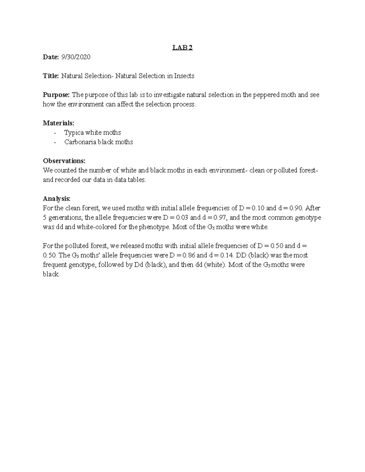 Natural Selection in Insects - Lab 2 Report on Moth Populations - Studocu