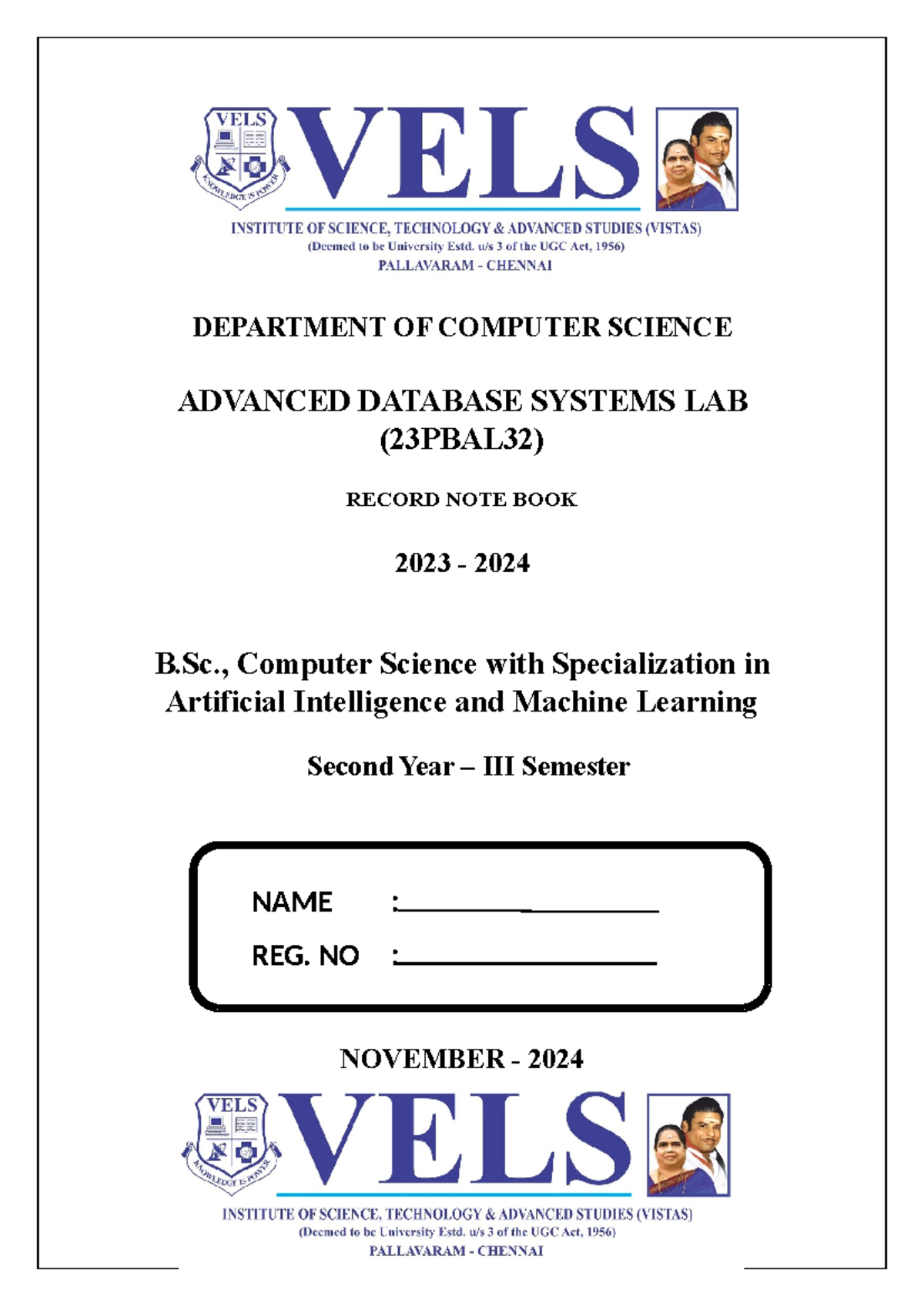 Advanced Database Systems Lab Record (23PBAL32) - B.Sc. AI & ML - Studocu