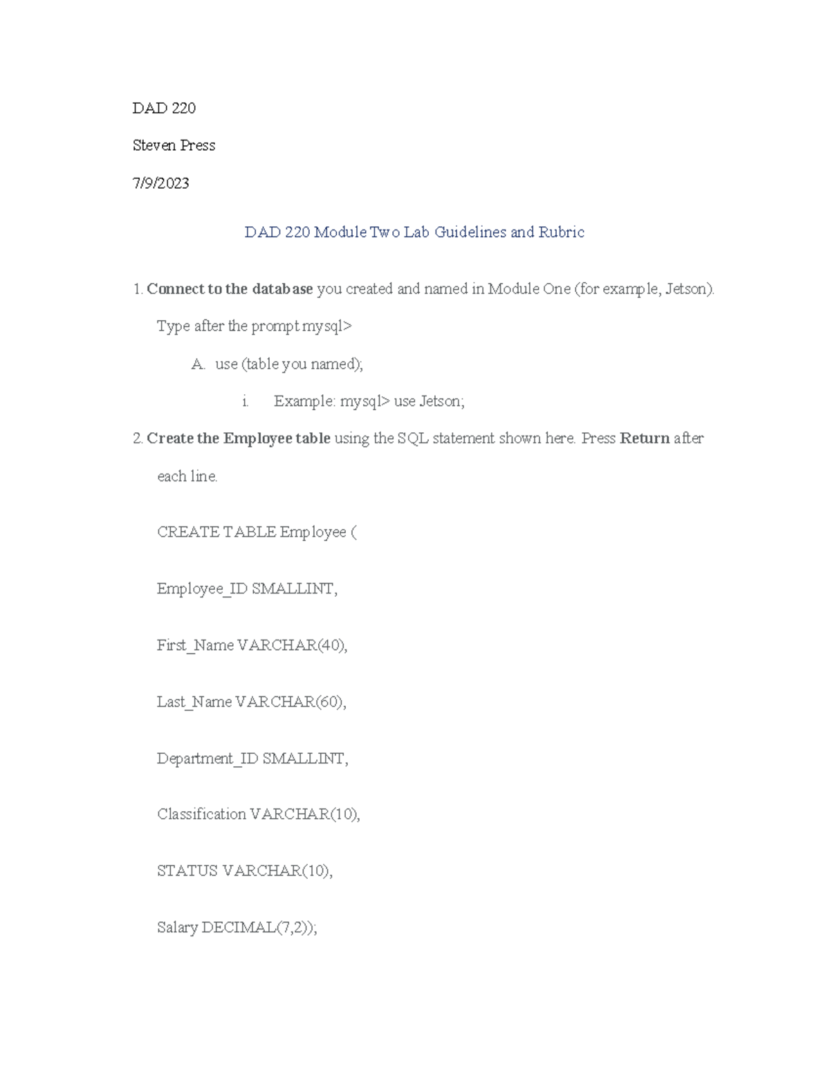 DAD 220 Module 2 Lab Assignment: Database Table Creation Guide - Studocu