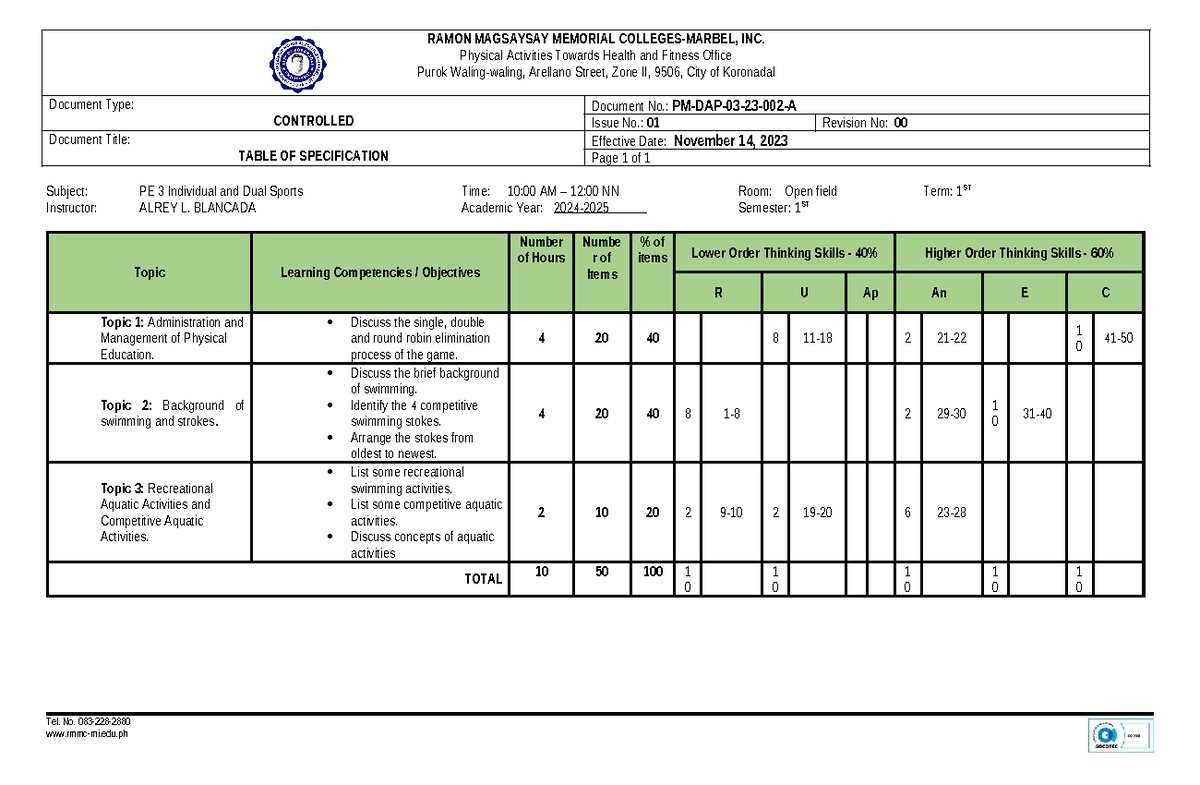 Blancada PE 3 Midterm Table of Specifications for Sports - Studocu