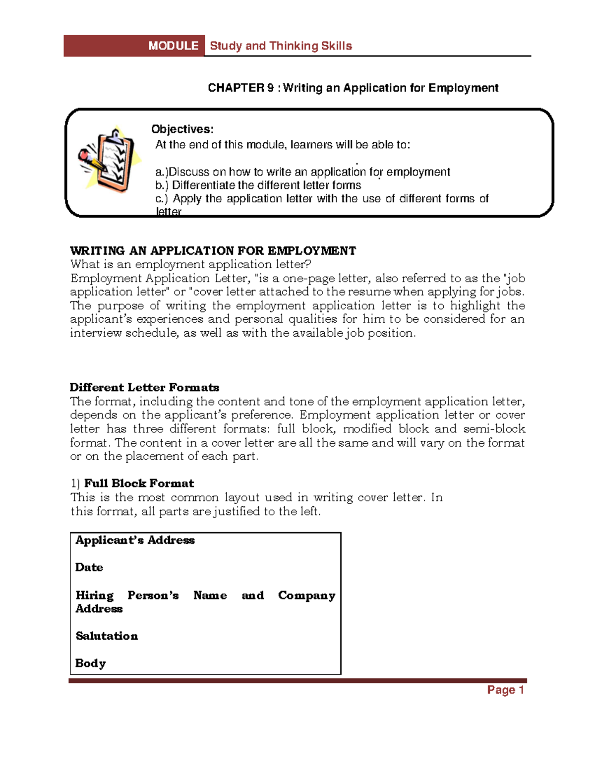 Chapter 9: Writing an Employment Application Letter Guide - Studocu