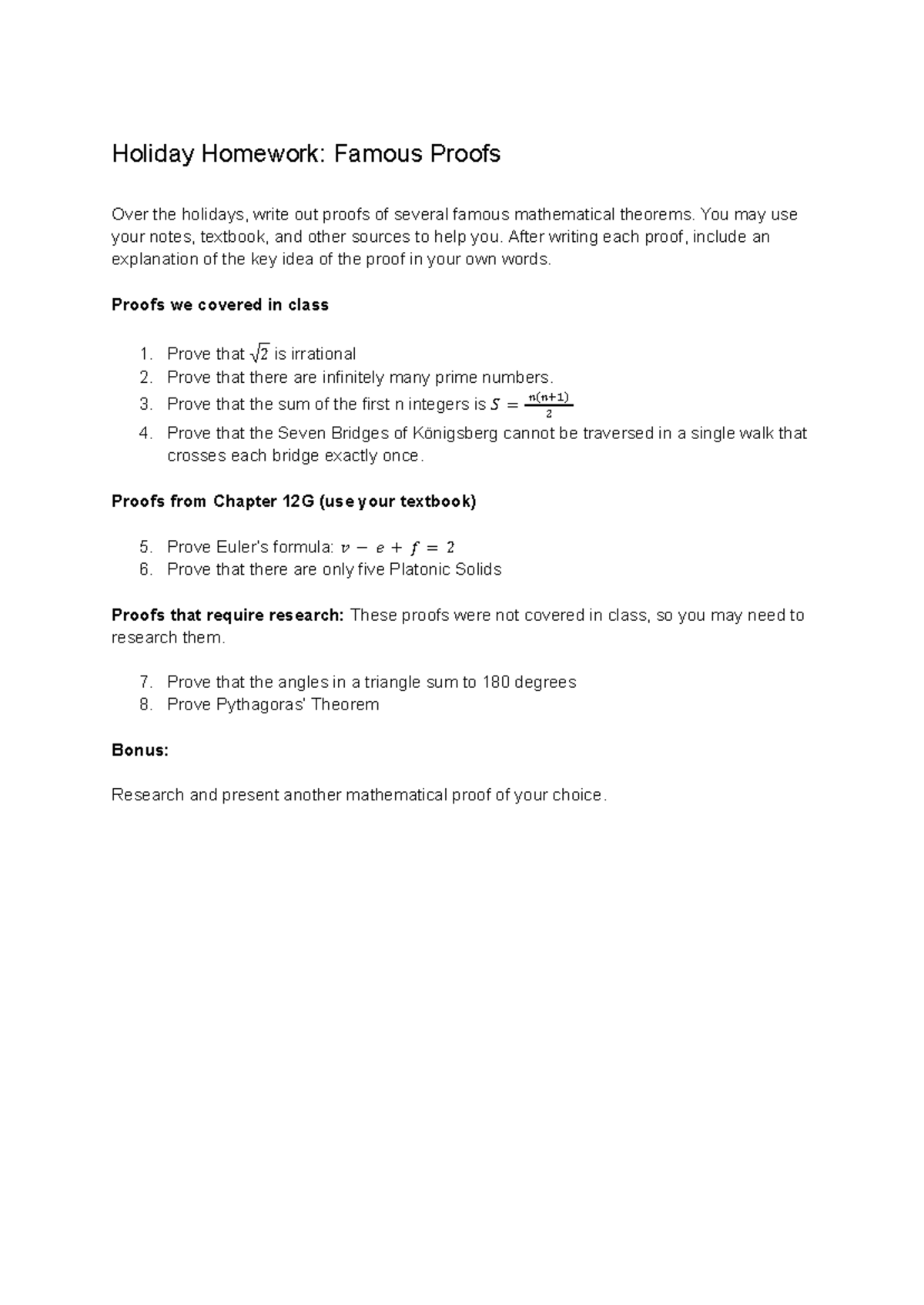 Holiday Homework: Famous Proofs and Key Ideas - Studocu