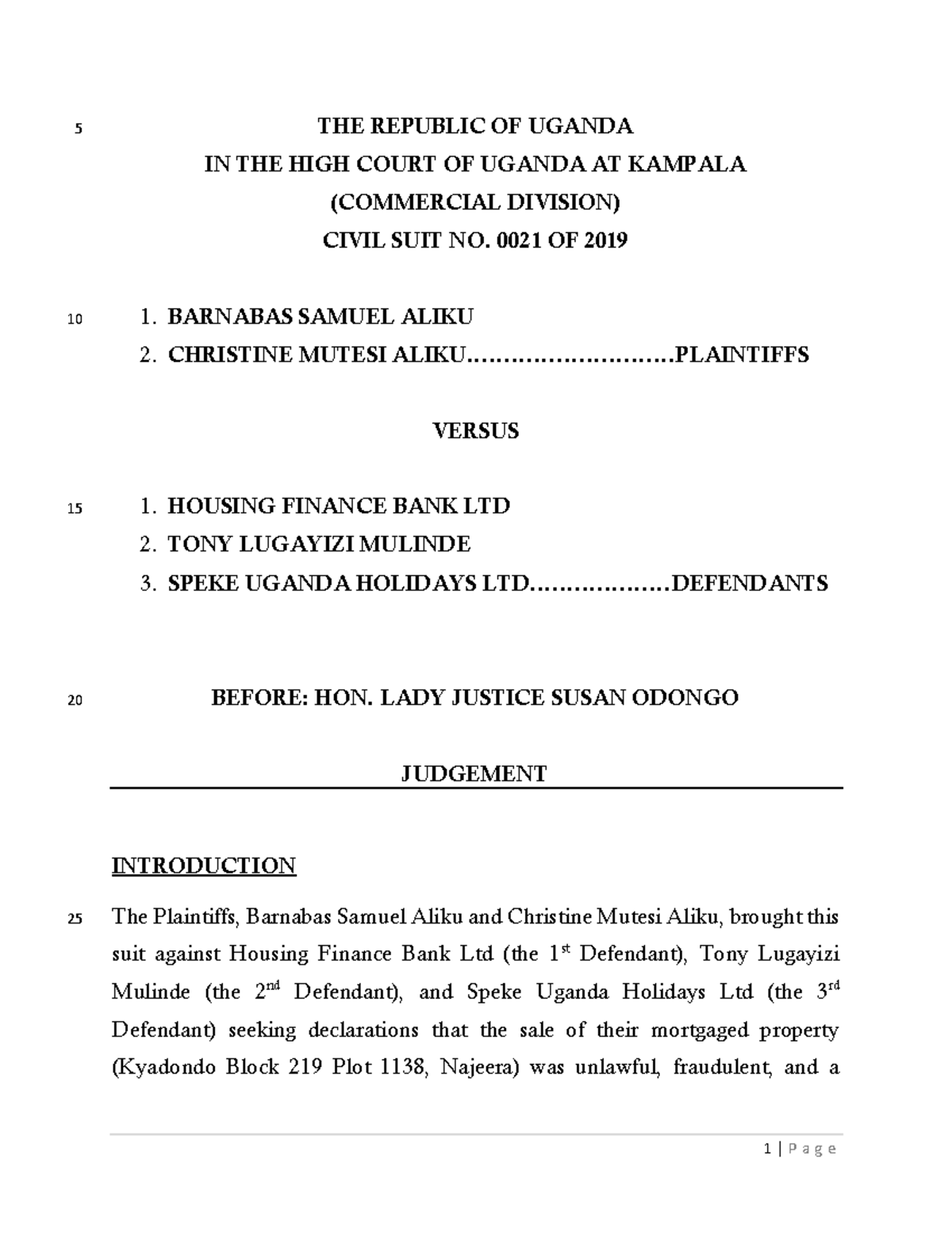 Barnabas Samuel Aliku & Christine Mutesi Aliku v. Housing Finance Bank ...