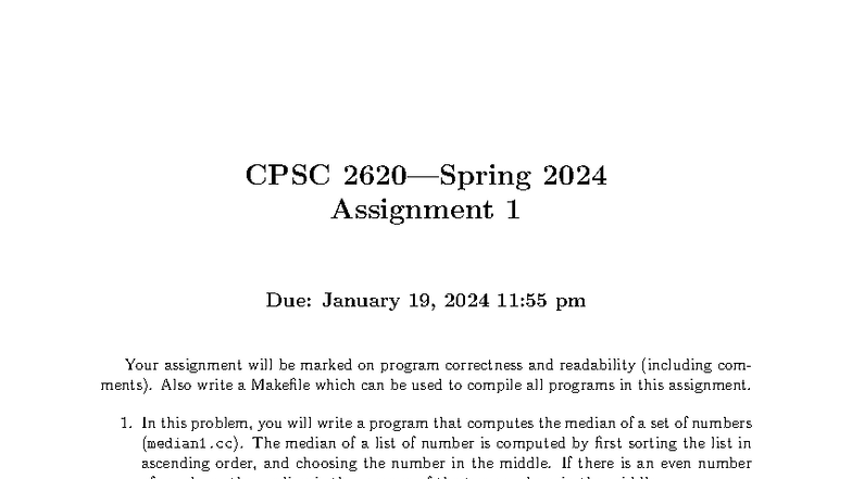 CPSC 2024 Assignment 1: Median Calculation Program Guide - Studocu