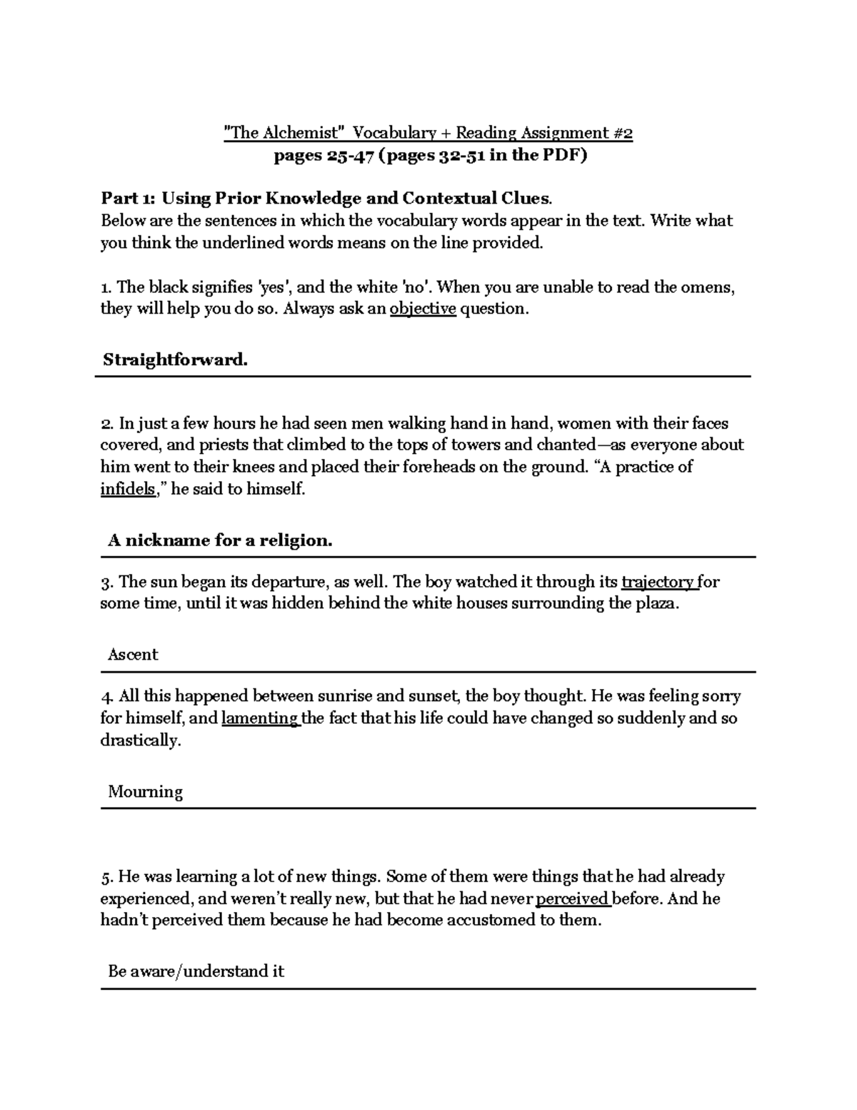 The Alchemist: Vocabulary & Reading Assignment #2 (Pages 25-47) - Studocu