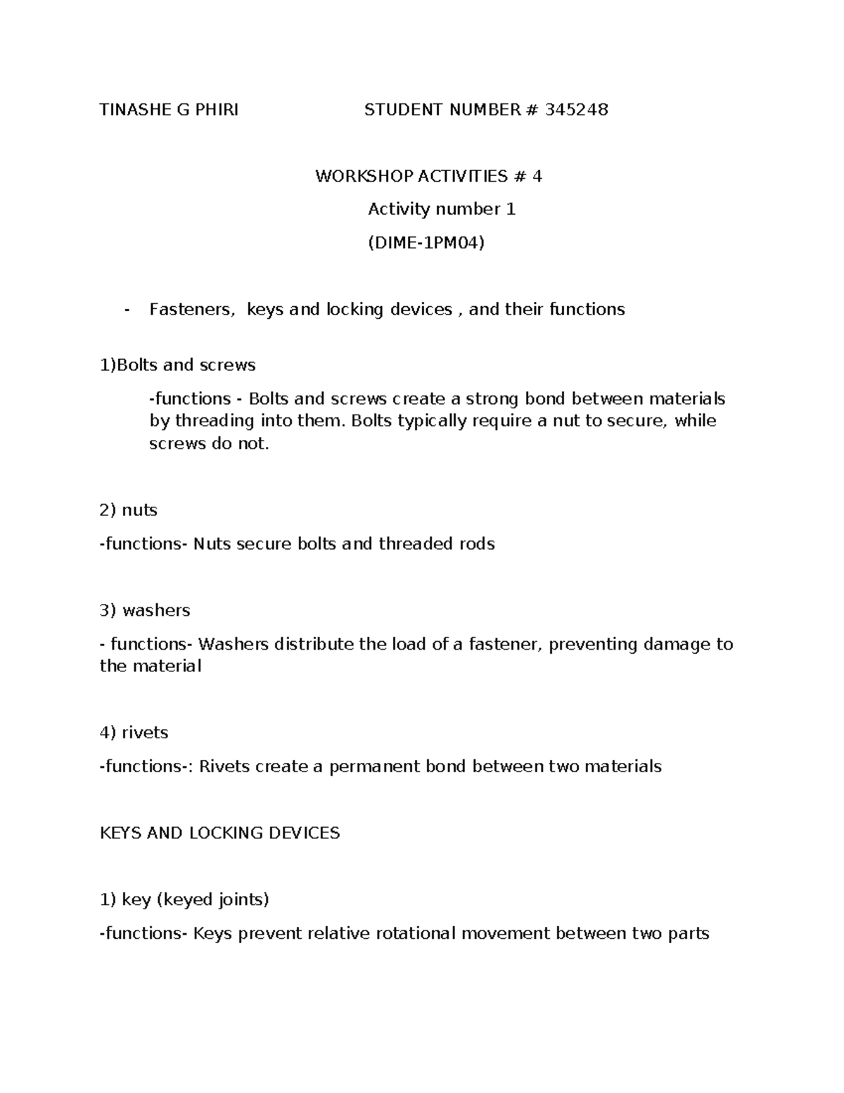 Workshop Activities 4: Fasteners, Keys & Locking Devices Overview - Studocu