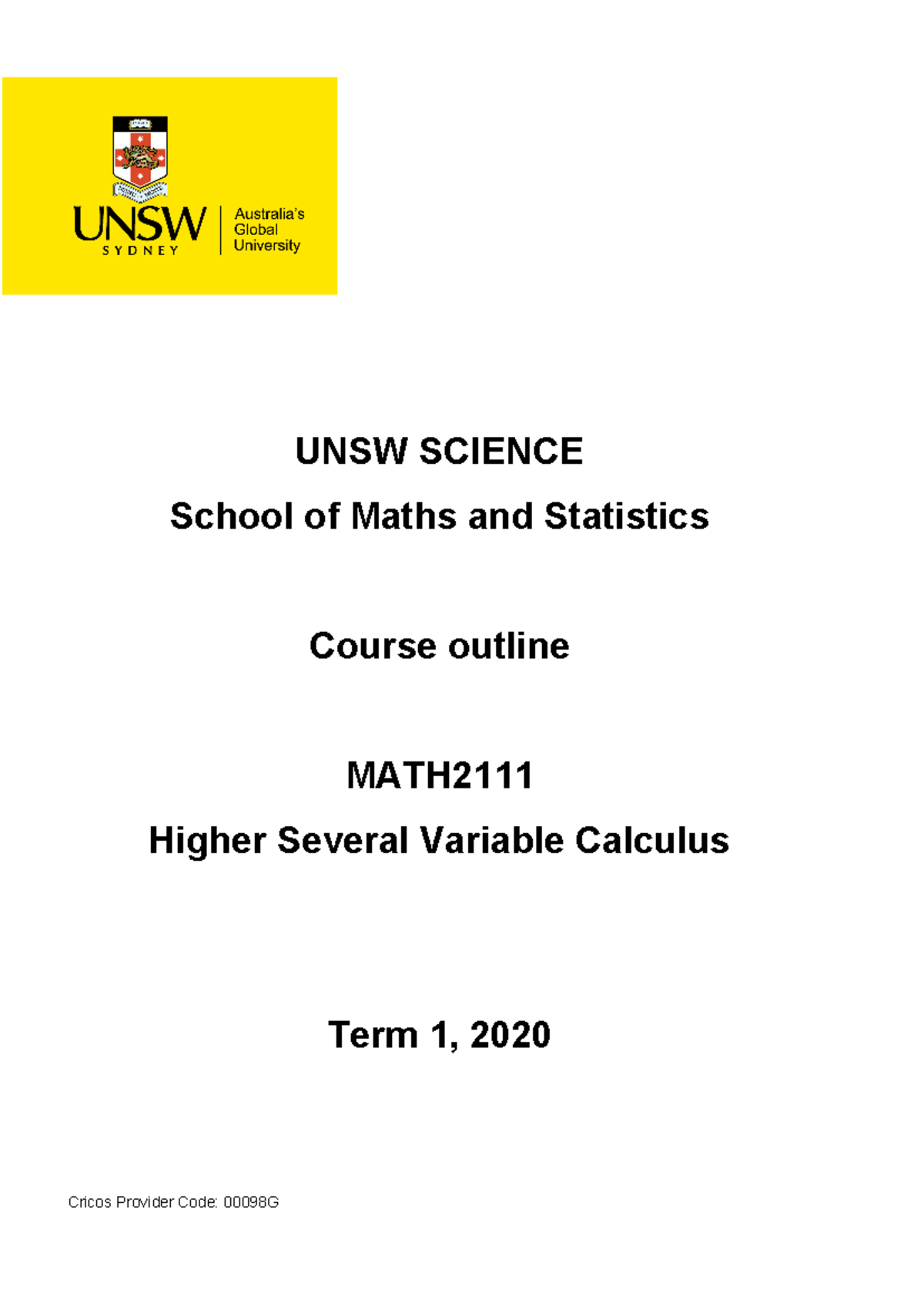 Math 2111 course outline - Cricos Provider Code: 00098G UNSW SCIENCE ...