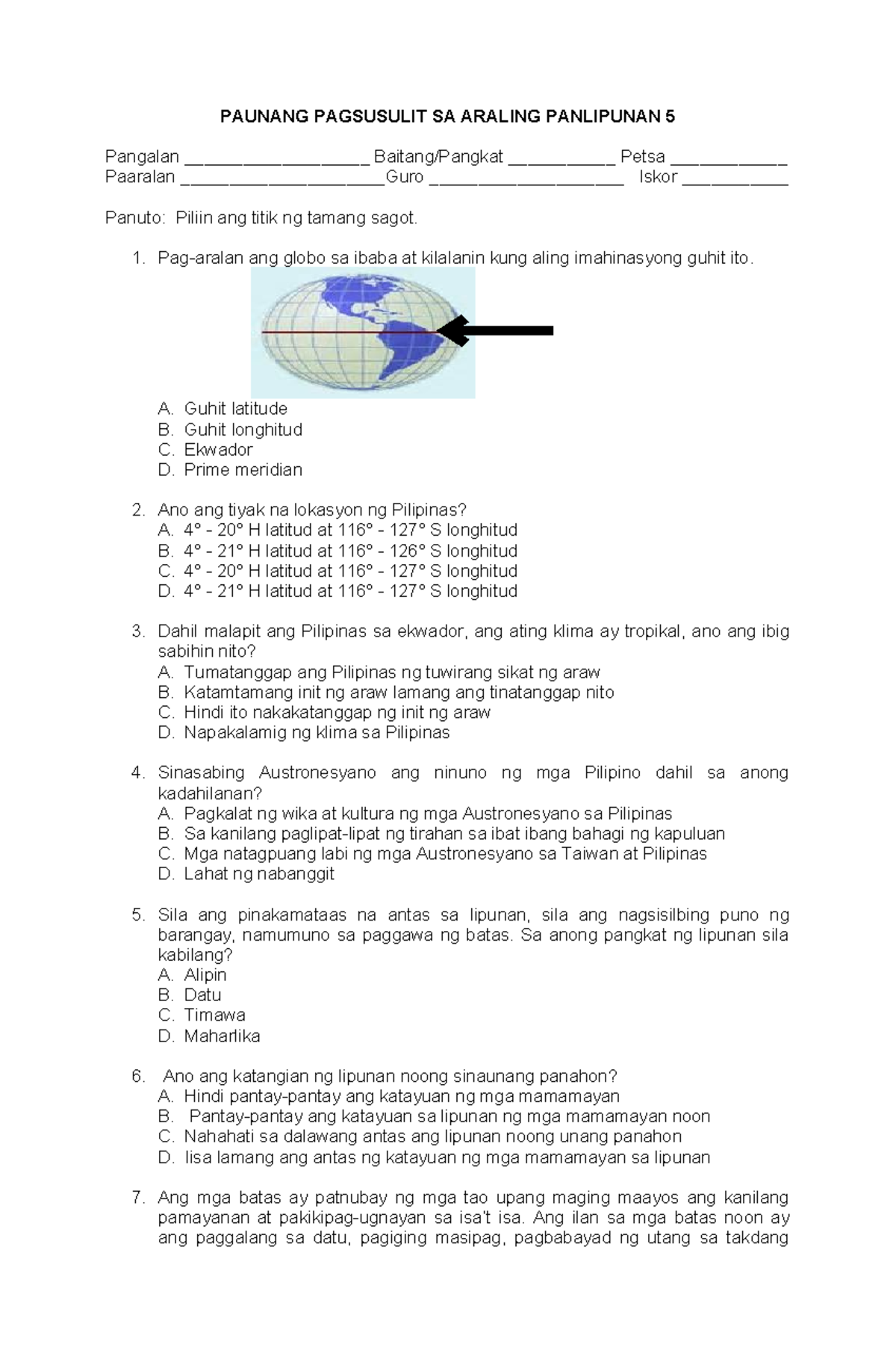 PRE-TEST Araling Panlipunan 5 - PAUNANG PAGSUSULIT SA ARALING ...
