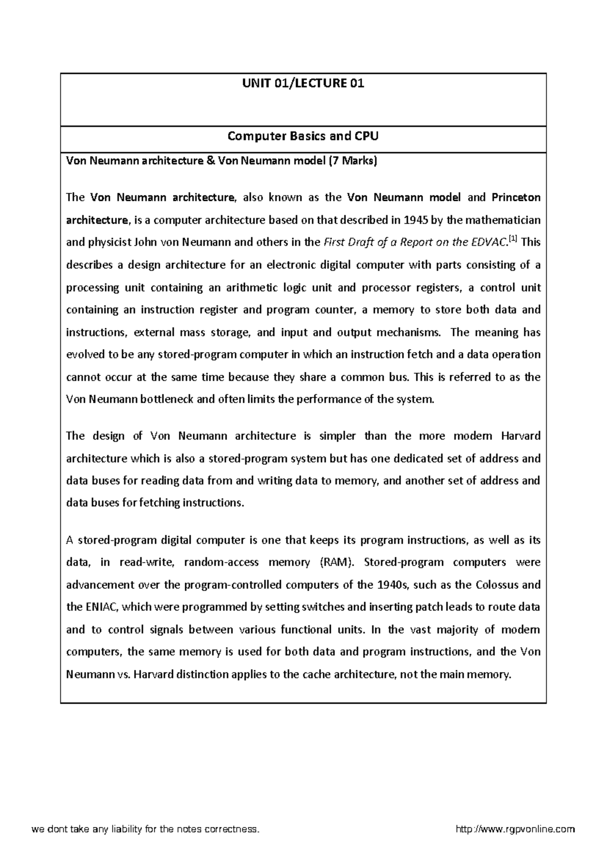 UNIT 01: Computer Basics & CPU Architecture (7 Marks) - Studocu
