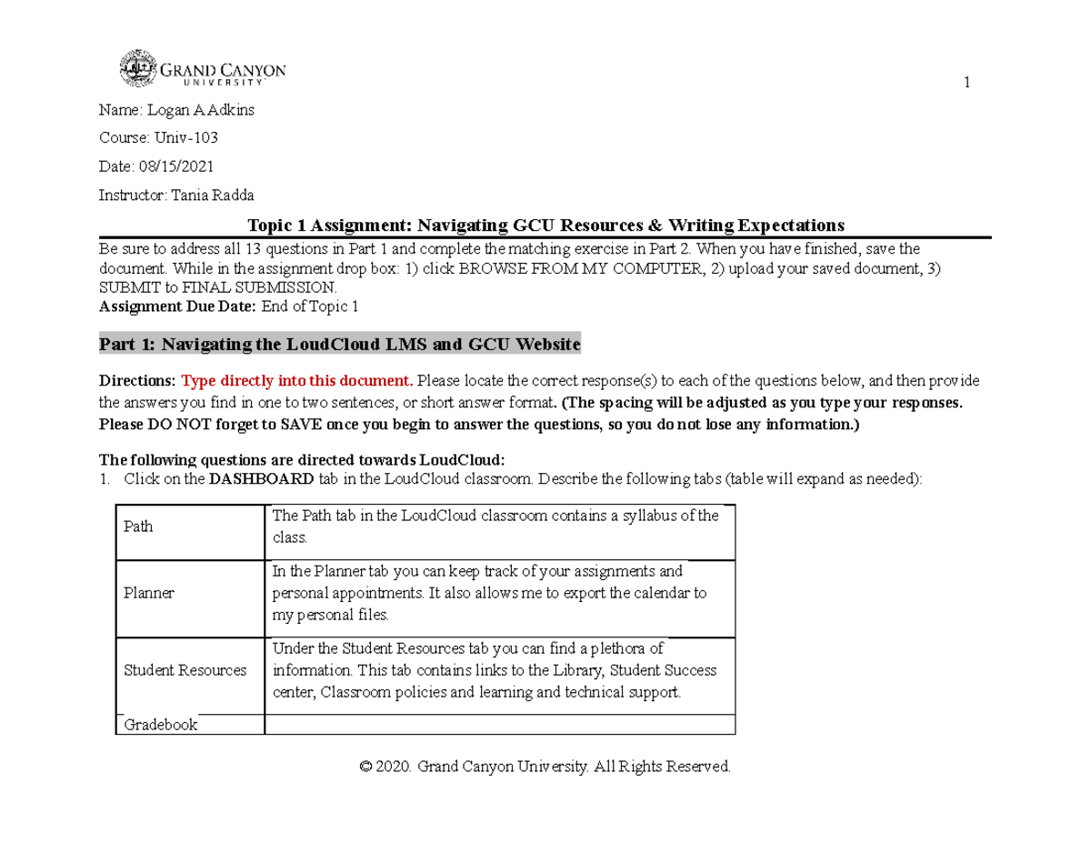 Univ-103 T1 GCU Resources Writing - Topic 1 coursework - 1 Name: Logan ...