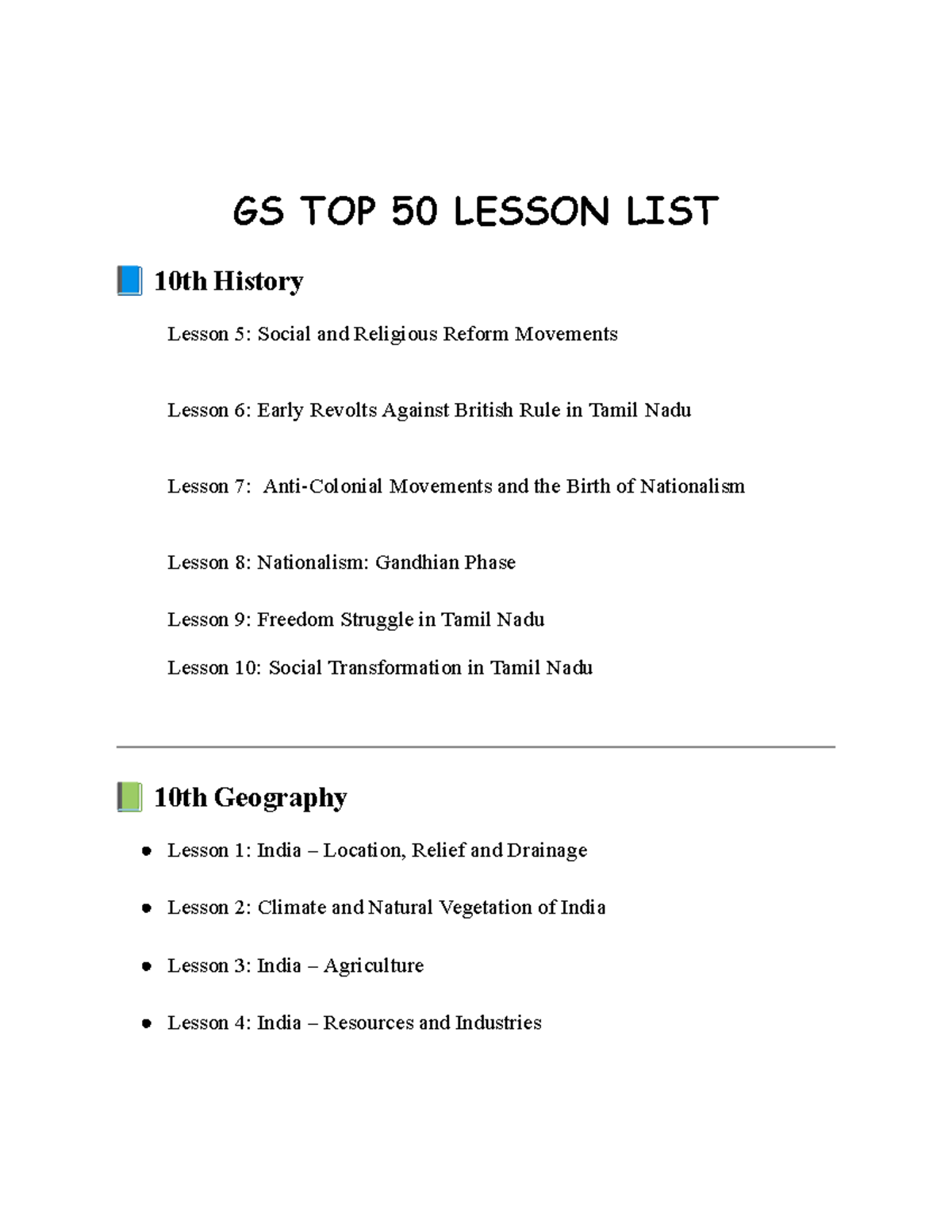 GS TOP 50 Lesson List for 10th History, Geography, Polity & Economics ...