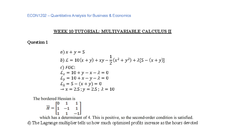 ECON1202 Week 10 Tutorial Solutions: Multivariable Calculus II - Studocu