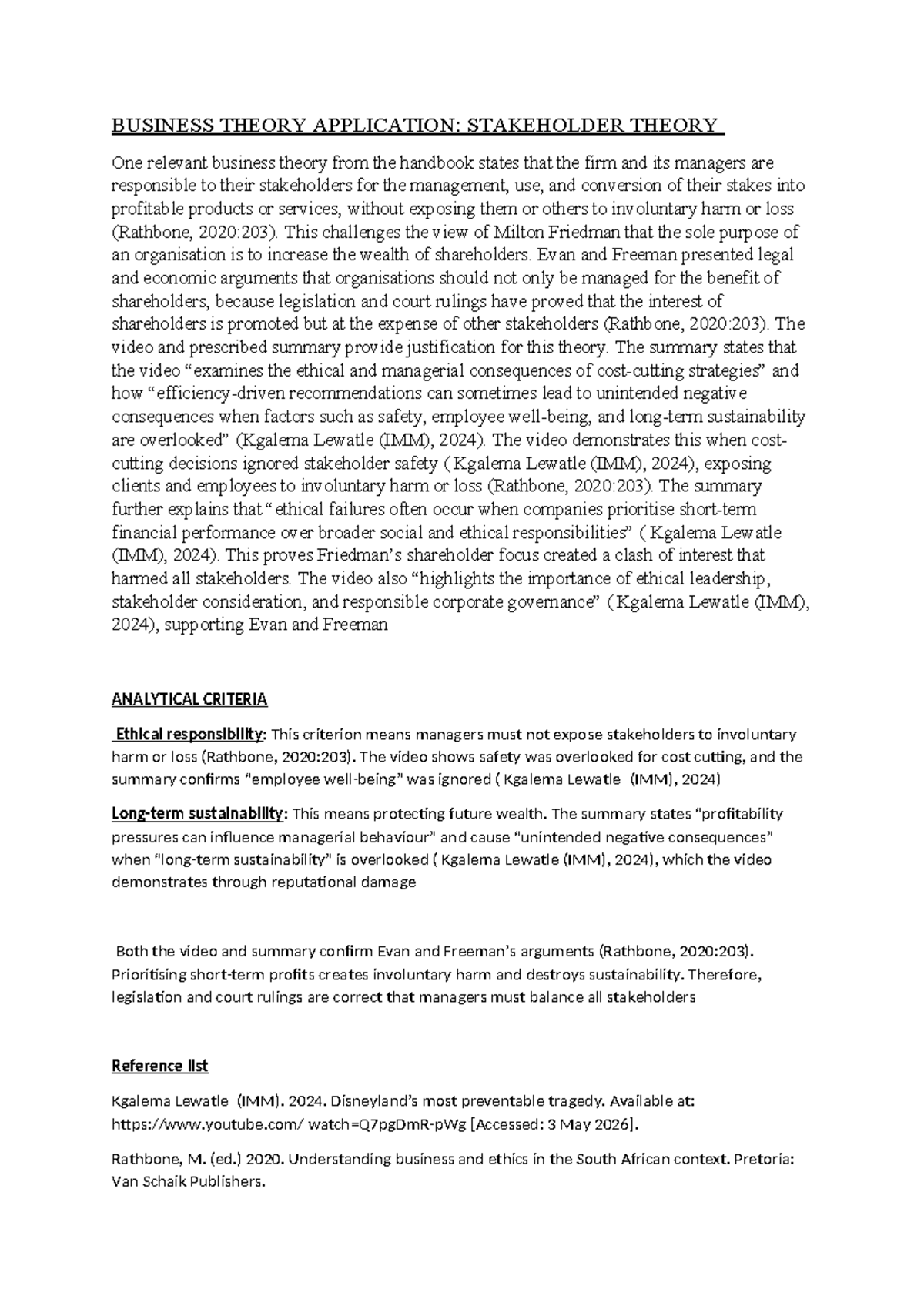 BUSINESS THEORY APPLICATION: STAKEHOLDER THEORY ANALYSIS (IMM 2024 ...