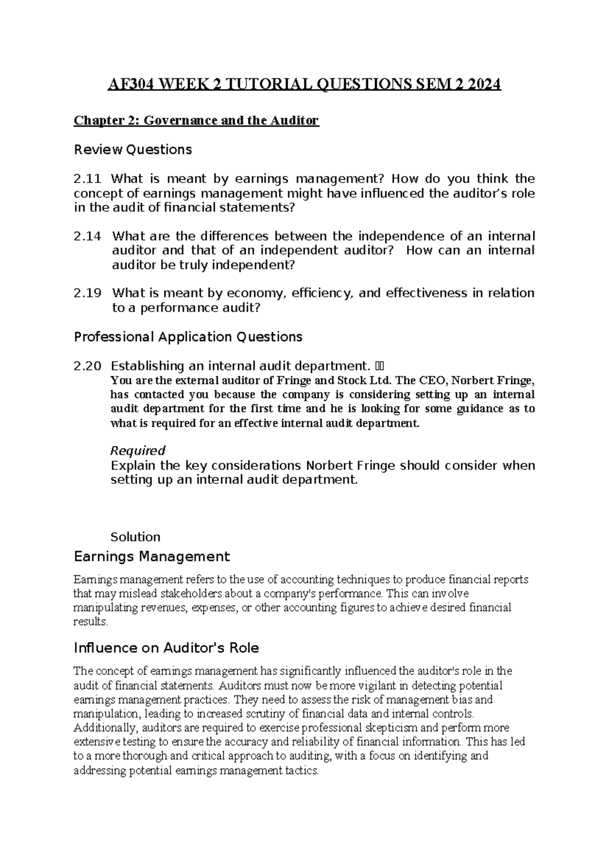 AF304 Week 2 Tutorial Questions - AF304 WEEK 2 TUTORIAL QUESTIONS SEM 2 ...