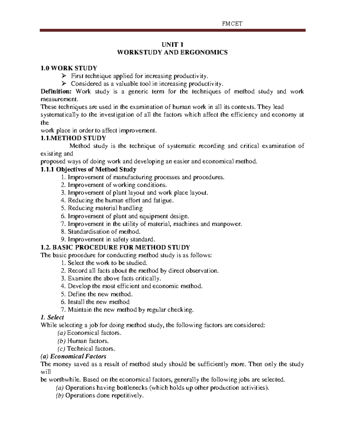 FMCET Work Study & Ergonomics Lecture Notes 2024-2025 - Studocu
