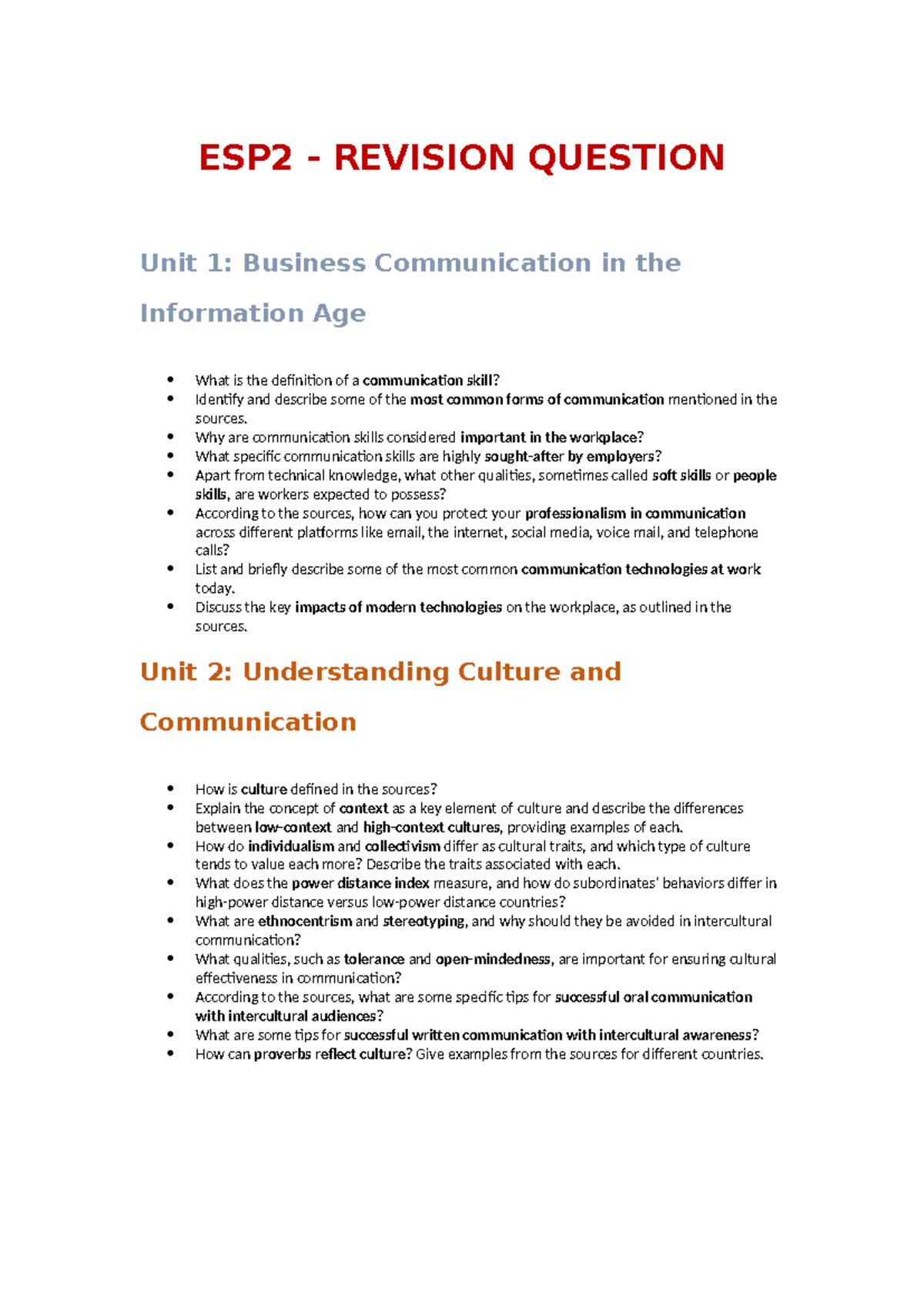 ESP2 - REVISION QUESTIONS: Business Communication & Culture Insights ...