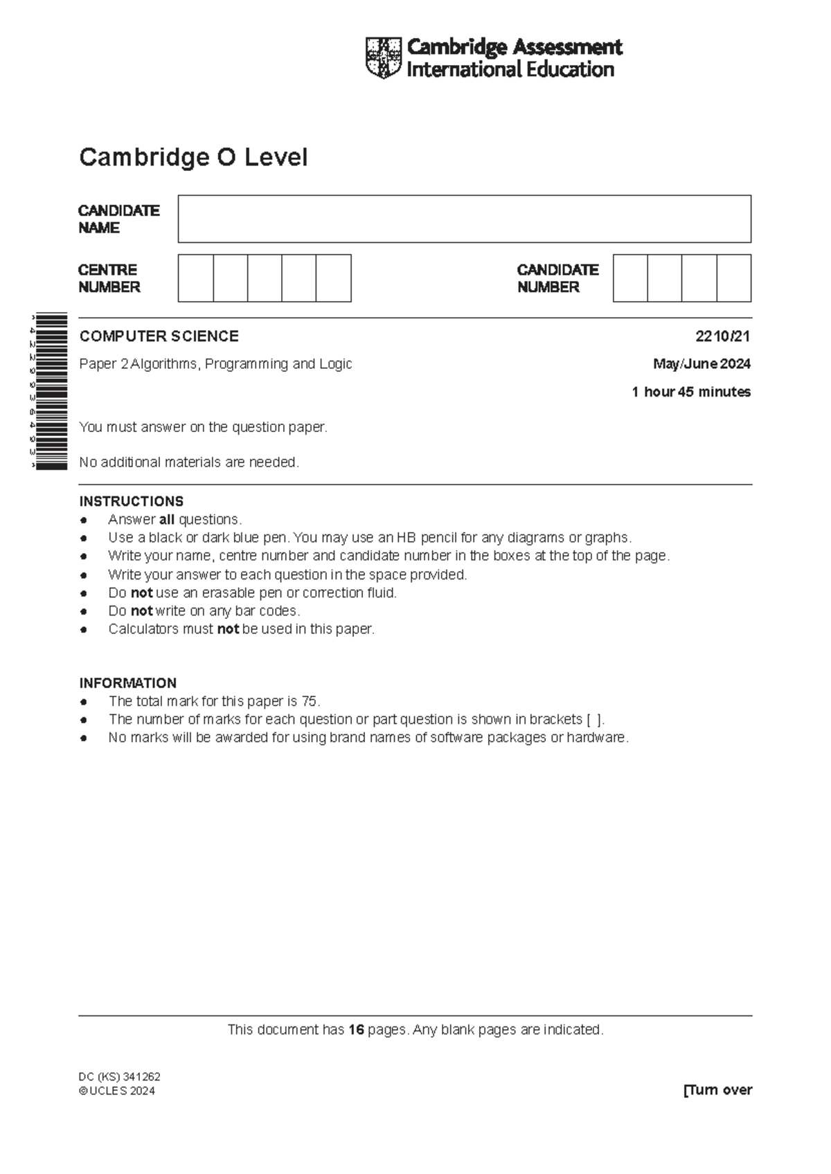 Cambridge O Level 2210 Computer Science Paper 2: Algorithms & Logic ...