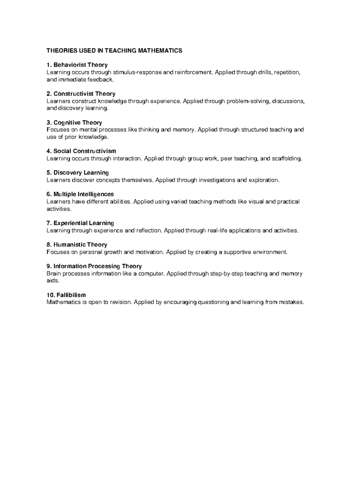 Teaching Mathematics Theories: Key Concepts and Applications - Studocu