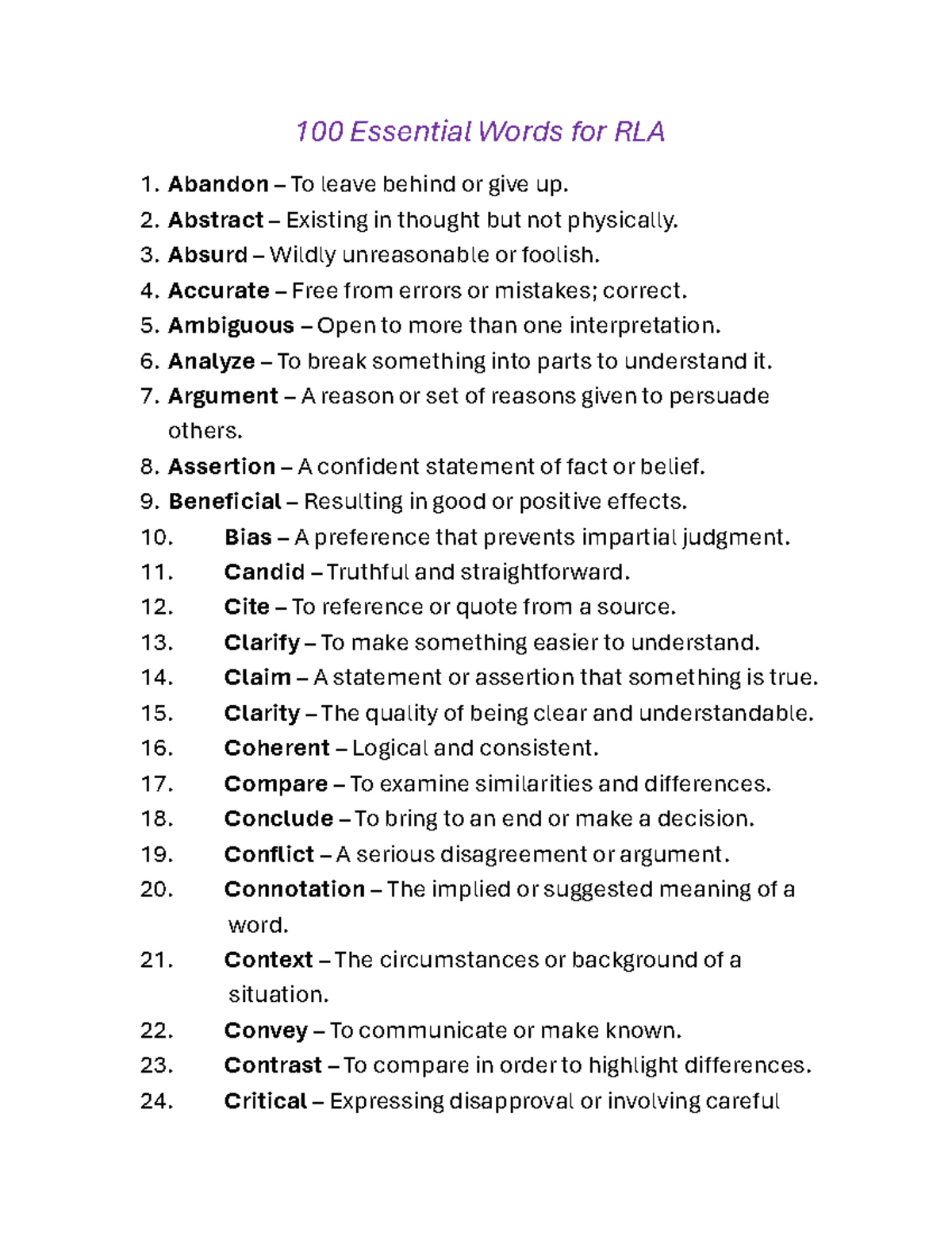 100 Essential Vocabulary Words for RLA Study Guide - Studocu