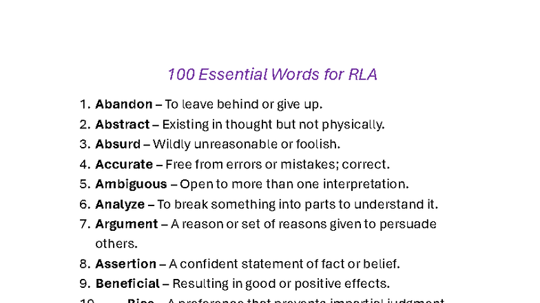 100 Essential Vocabulary Words for RLA Study Guide - Studocu