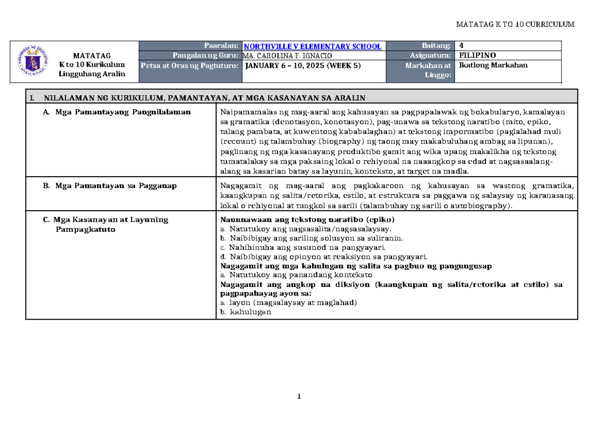 DLL Matatag Filipino 4 Week 5 Lesson Plan and Curriculum Guide - Studocu
