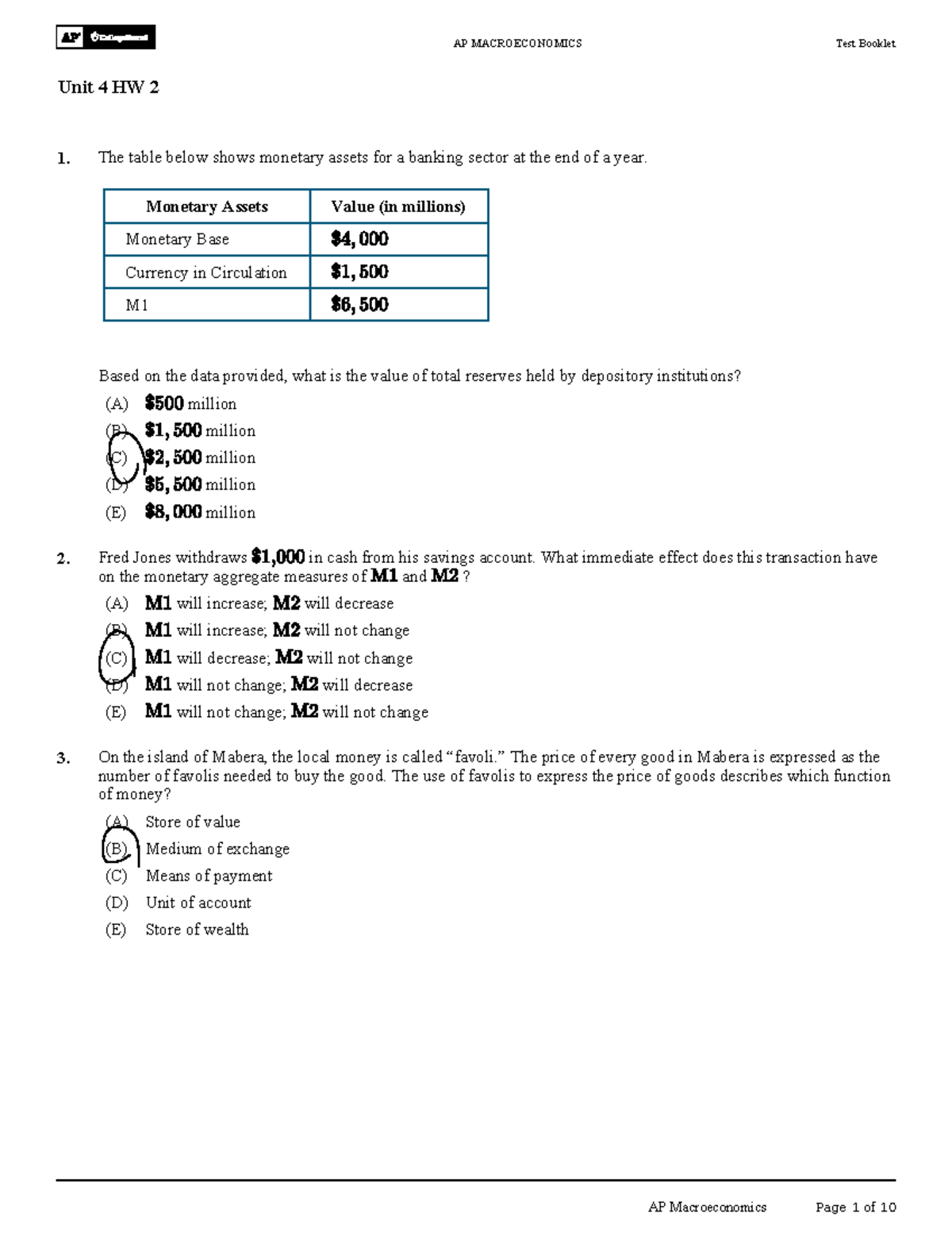 AP MACROECONOMICS Unit 4 Homework 2: Monetary Assets & Banking Concepts ...