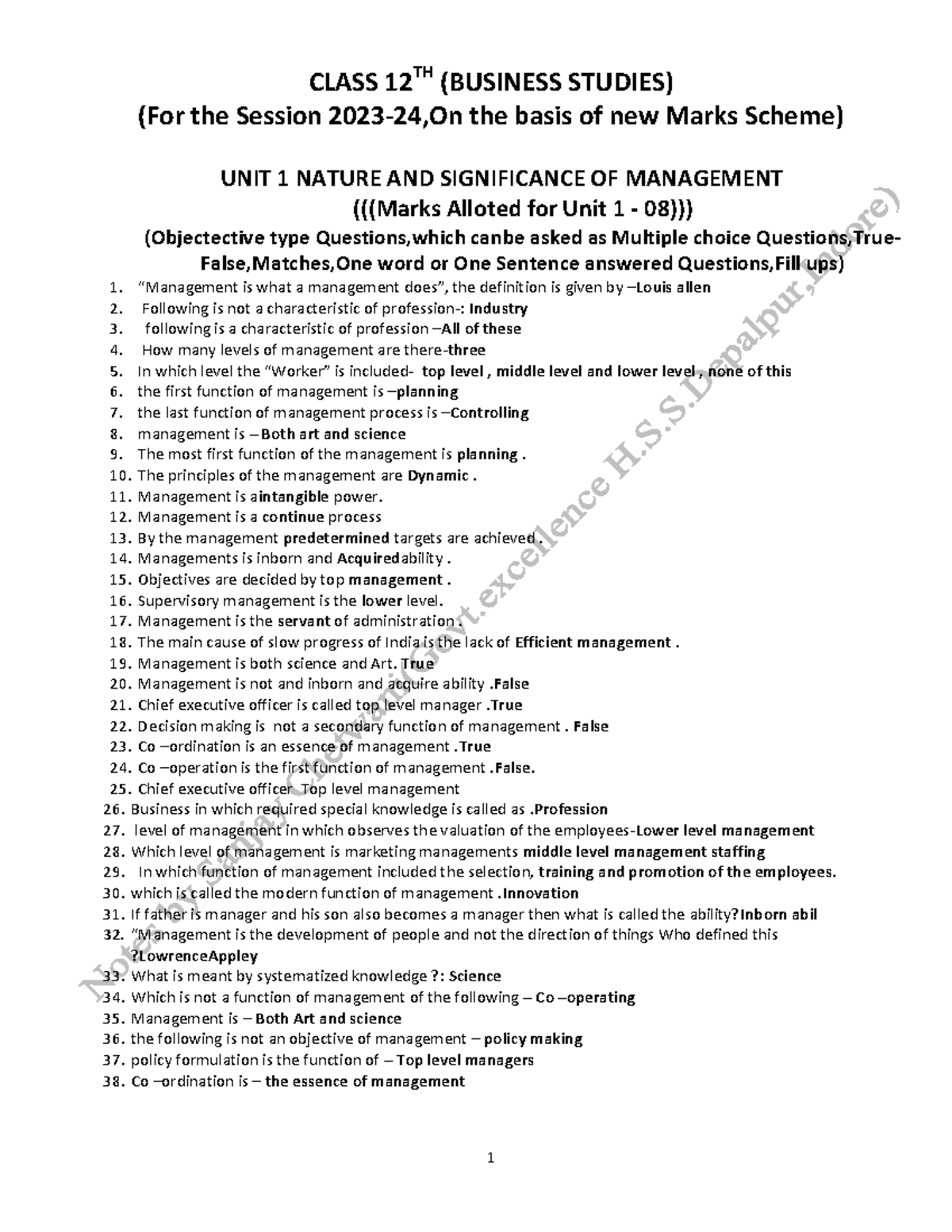 CLASS 12TH (BUSINESS STUDIES) UNIT 1: NATURE & SIGNIFICANCE OF ...