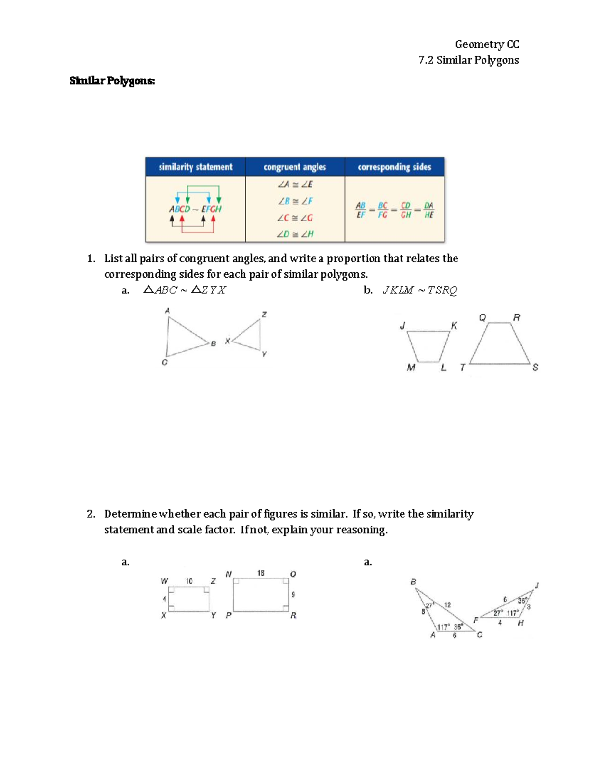 Geometry CC 7.2 Final Exam: Similar Polygons and Proportions - Studocu