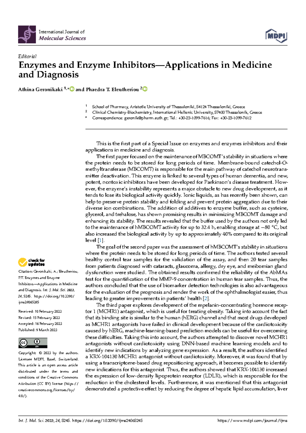 Enzymes in Medicine and Diagnosis: Insights from IJMS 2023, 24, 5245 ...
