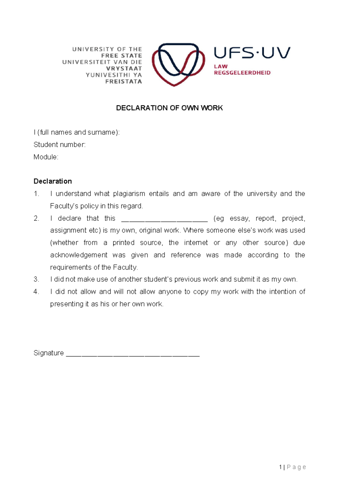 LBUE simplified - DECLARATION OF OWN WORK I (full names and surname ...