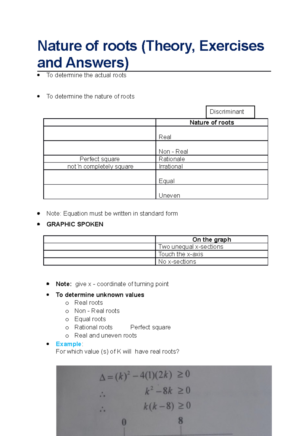 Nature of roots (Theory, Exercises and Answers) - b. c. d. Draw a ...