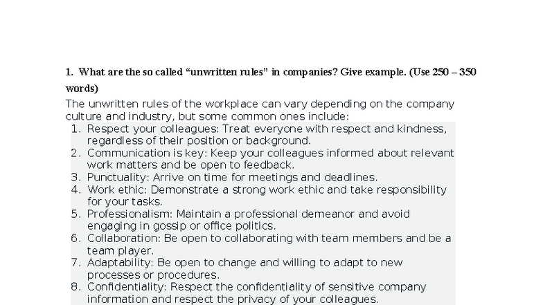 Writing 1: Unwritten Workplace Rules and Examples - Studocu