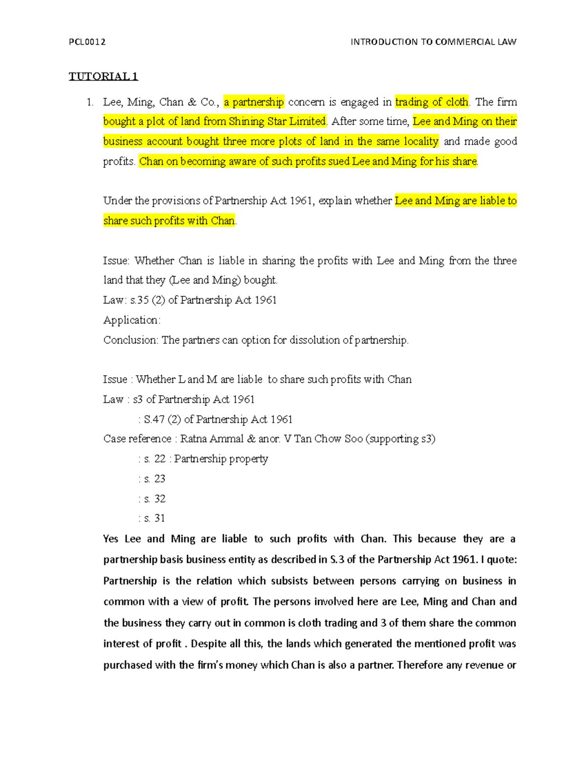 Quest Tutorial 1 - PCL0012 INTRODUCTION TO COMMERCIAL LAW TUTORIAL 1 ...