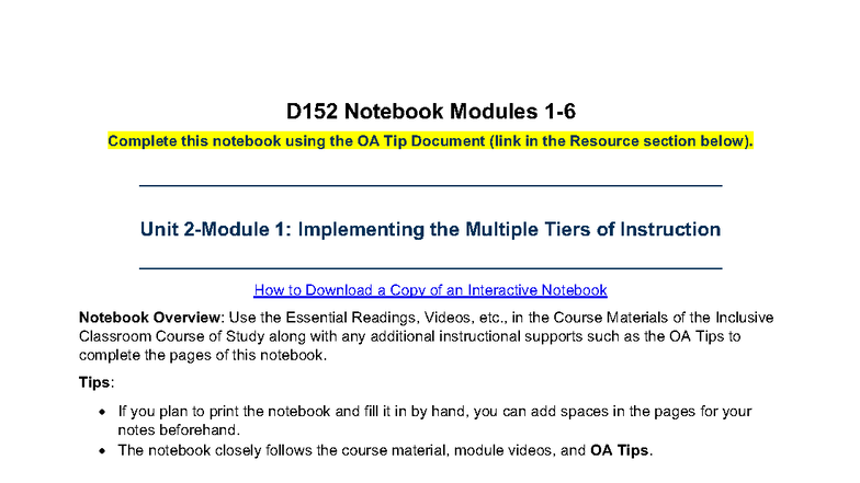D152 Notebook Modules 1-6: Implementing MTSS and Progress Monitoring ...
