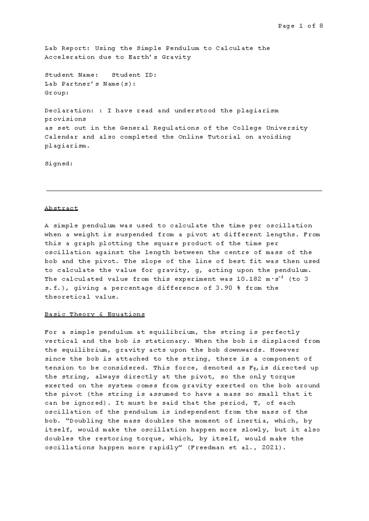 2 JF Foundation Physics Lab Report: Simple Pendulum and Gravity ...